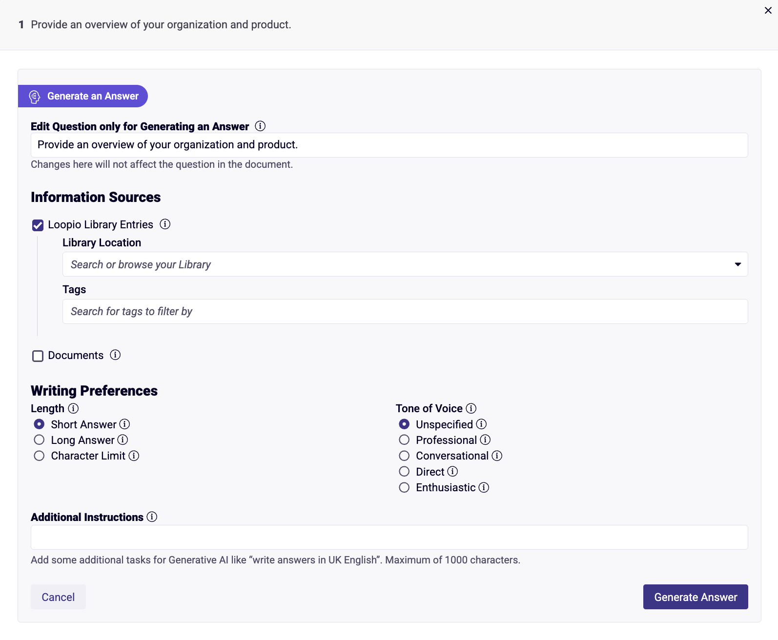 How Do I Generate an Answer in a Project? – Loopio Help Center